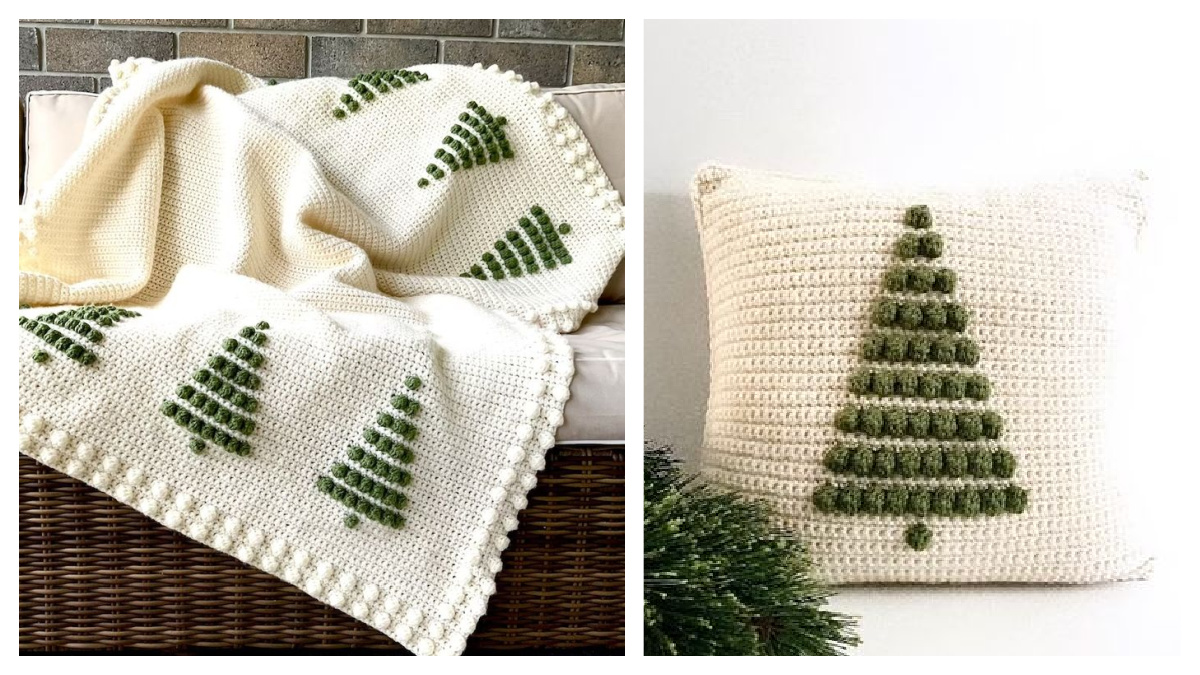 Christmas Pine Tree Blanket Pillow Set Crochet Patterns - DIY Magazine